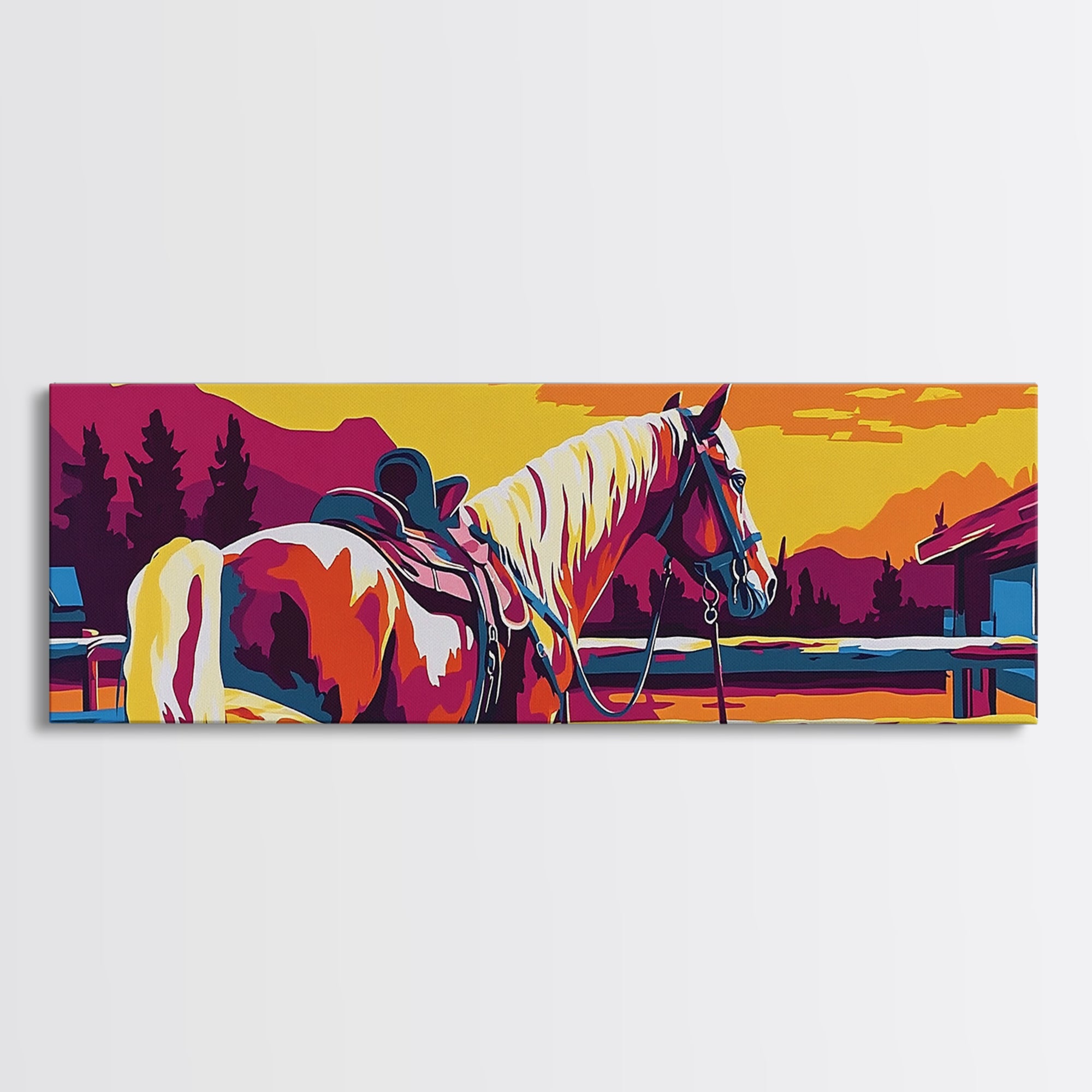 Western horse, saddle, cowboy, sunset, rustic wall art, panoramic art ...