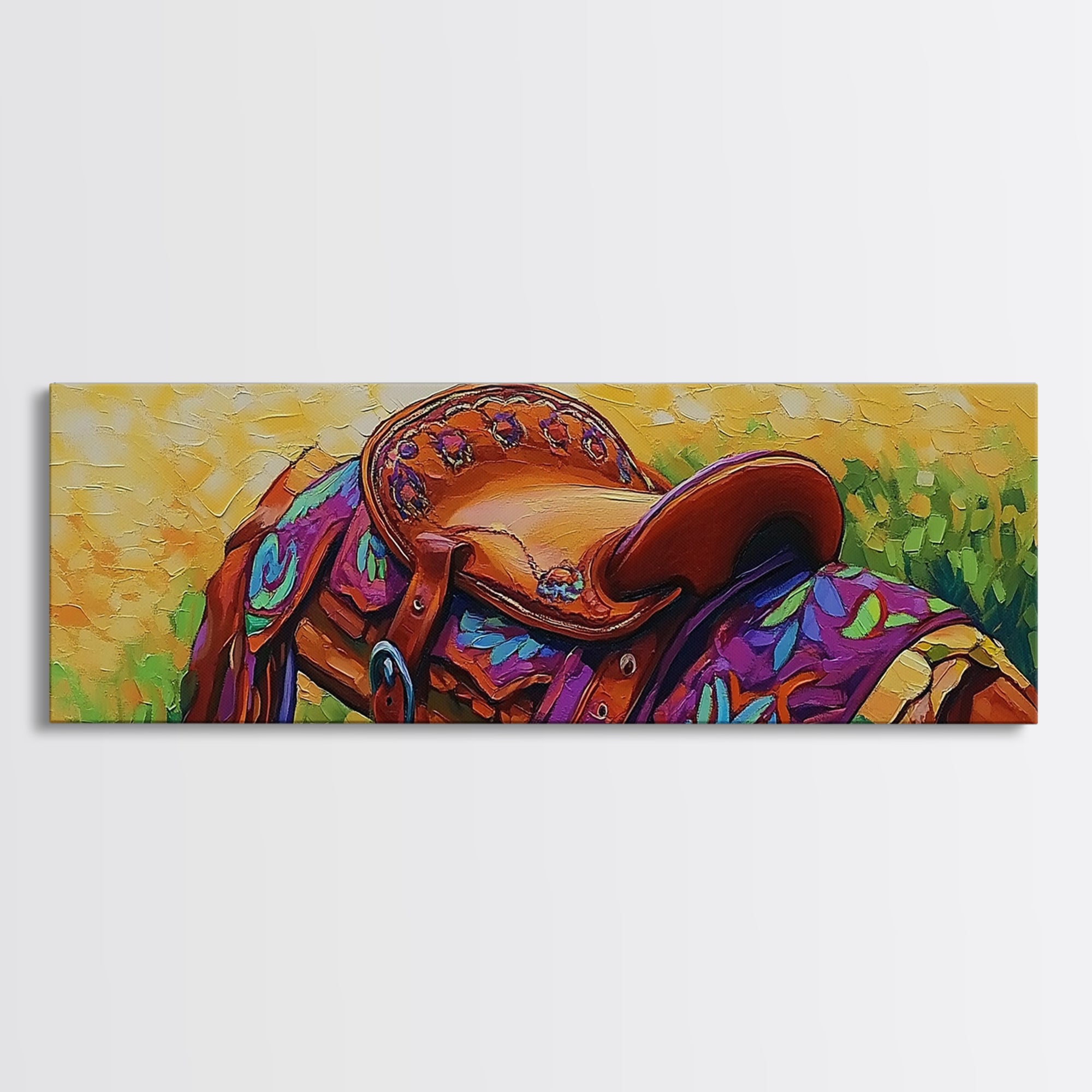 Colorful Saddle Painting, cowboy decor, vibrant rustic wall art, weste ...