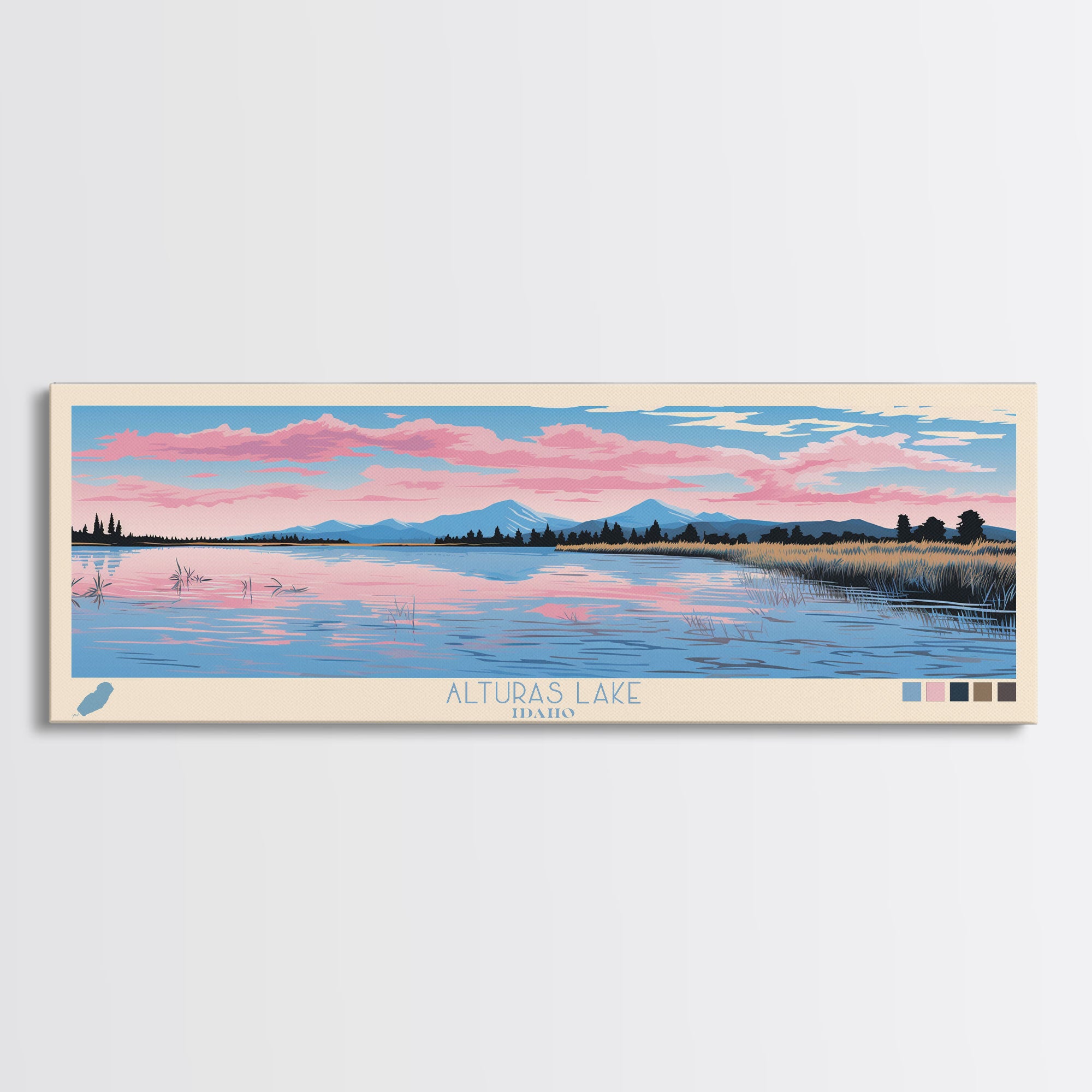 Alturas Lake Idaho Framed Canvas Print, Panoramic Wall Art, Midcentury ...