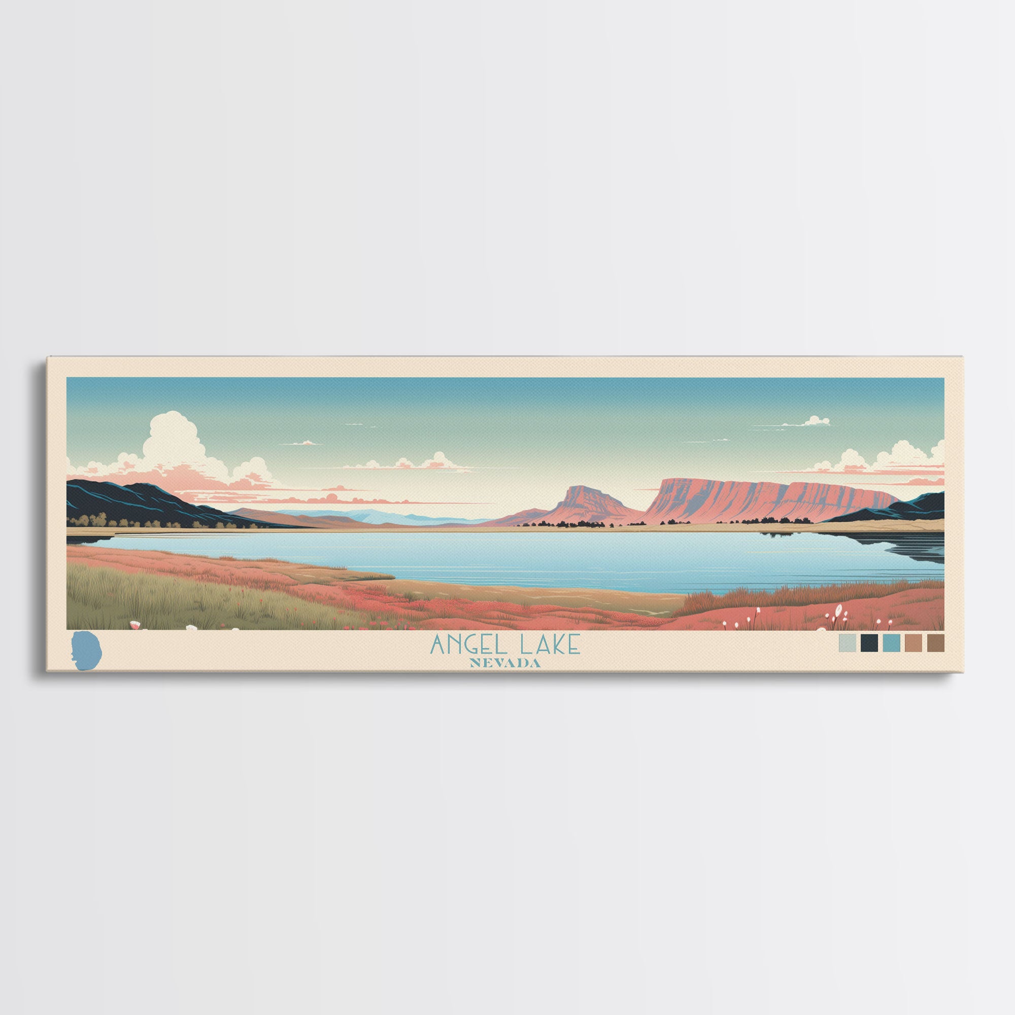 Angel Lake Nevada Framed Canvas Print, Panoramic Wall Art, Midcentury ...