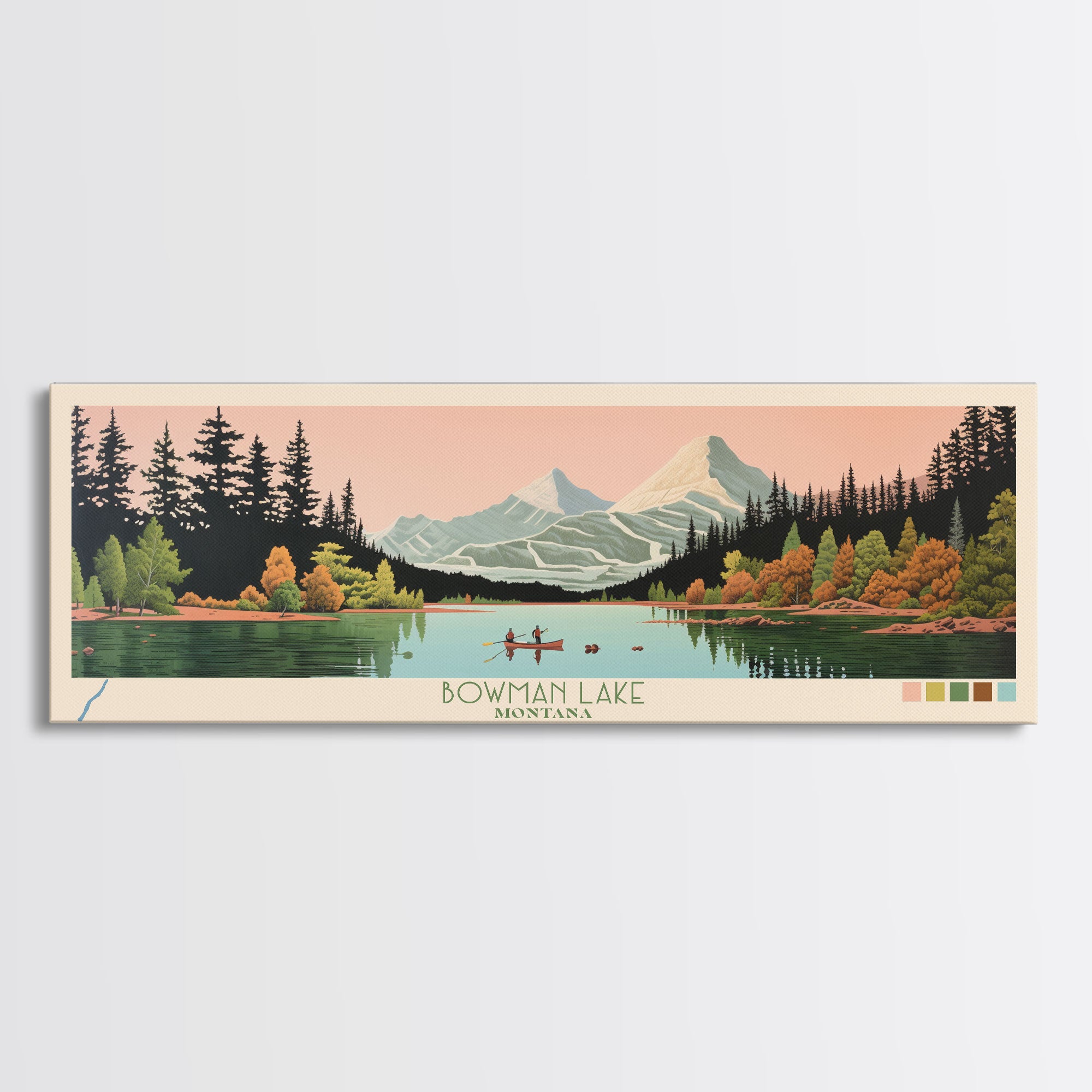 Bowman Lake Montana Framed Canvas Print, Panoramic Wall Art, Midcentur ...