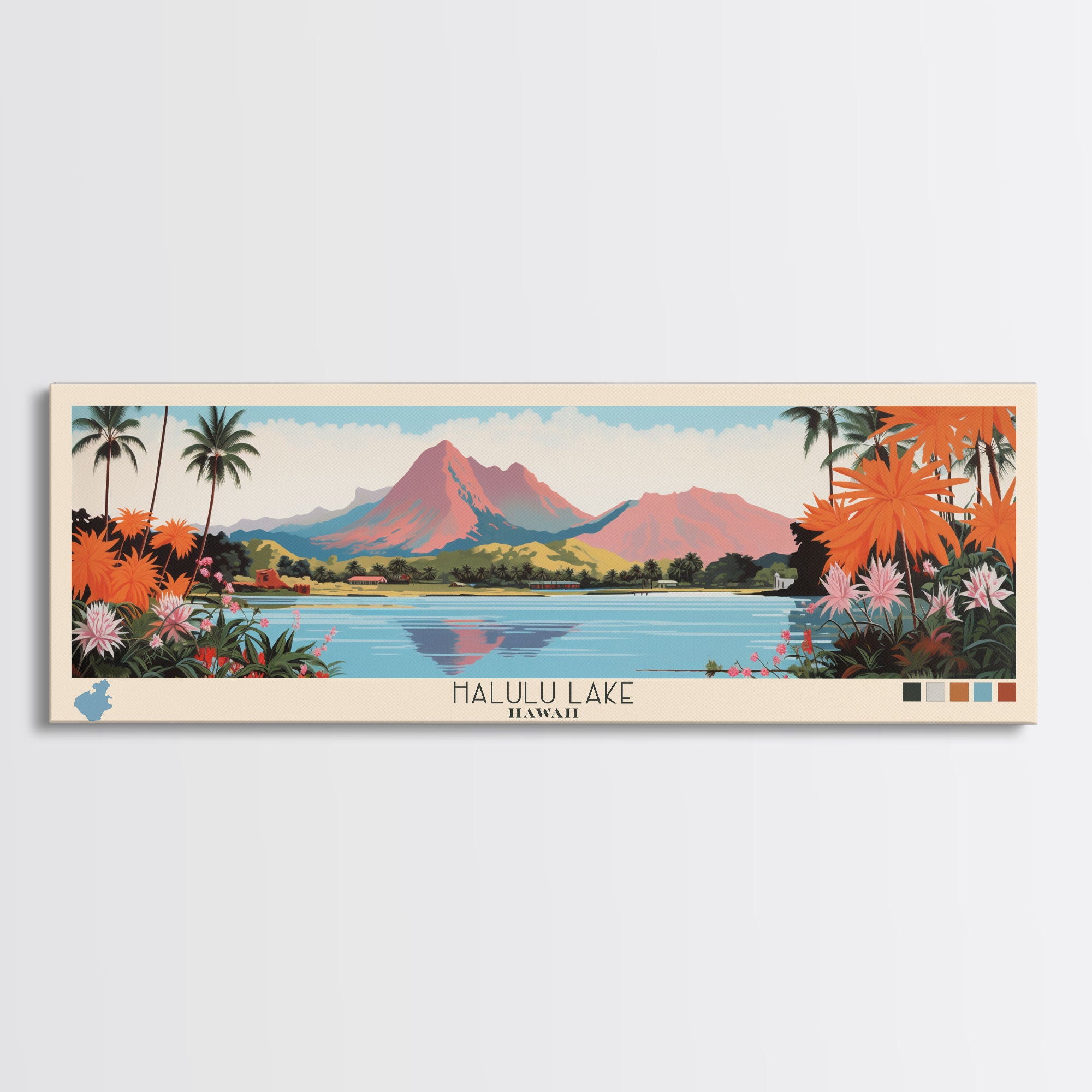 Halulu Lake Hawaii Framed Canvas Print, Panoramic Art, Midcentury Mode ...