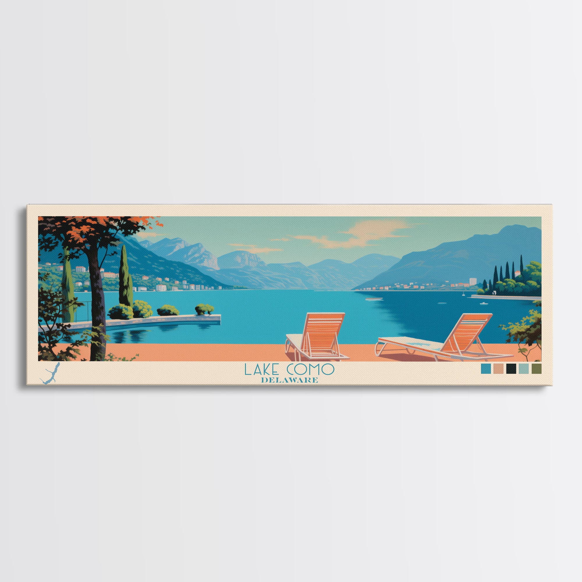 Lake Como Delaware Framed Canvas Print, Panoramic Wall Art, Midcentury ...