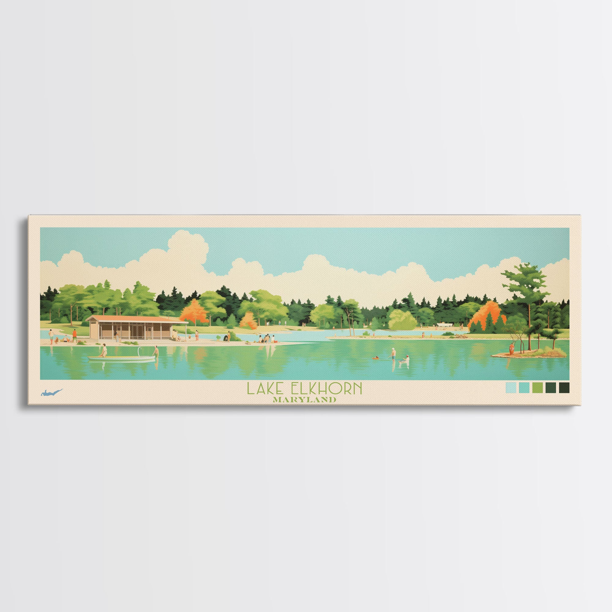 Lake Elkhorn Maryland Framed Canvas Print, Panoramic Wall Art, Midcent ...