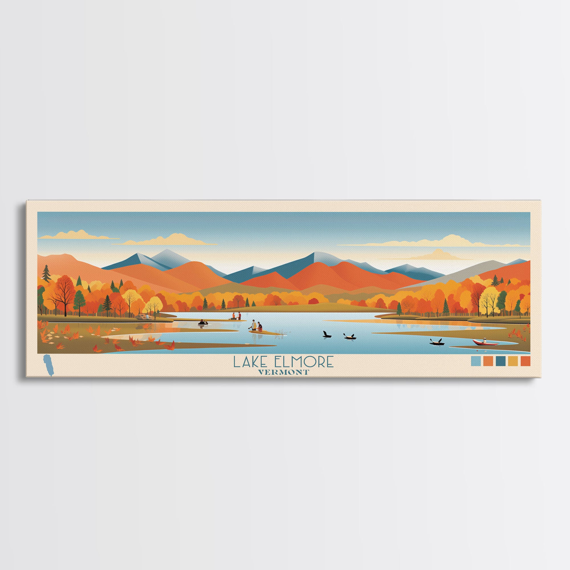 Lake Elmore Vermont Framed Canvas Print, Panoramic Art, Midcentury Mod ...