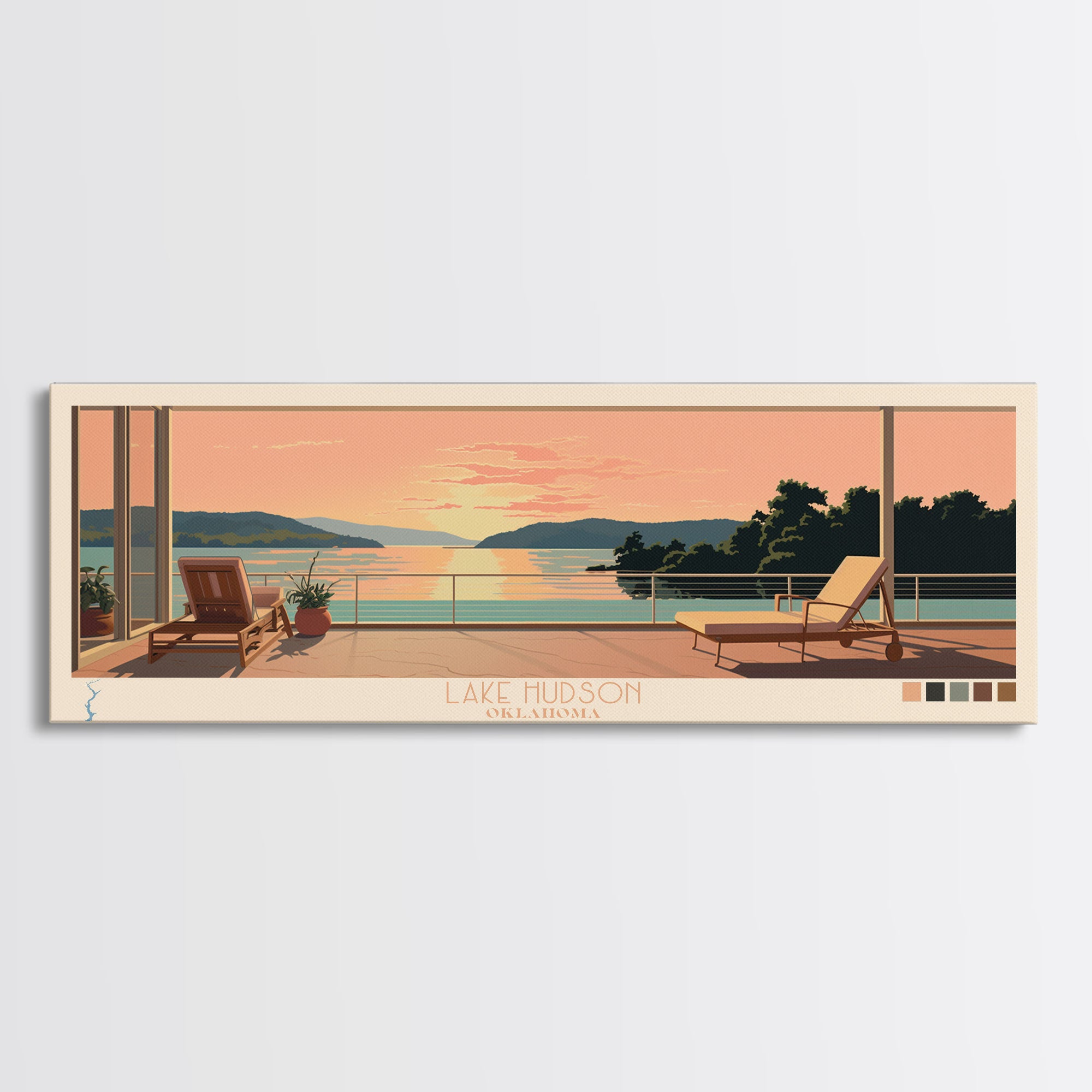 Lake Hudson Oklahoma Framed Canvas Print, Panoramic Wall Art, Midcentu ...