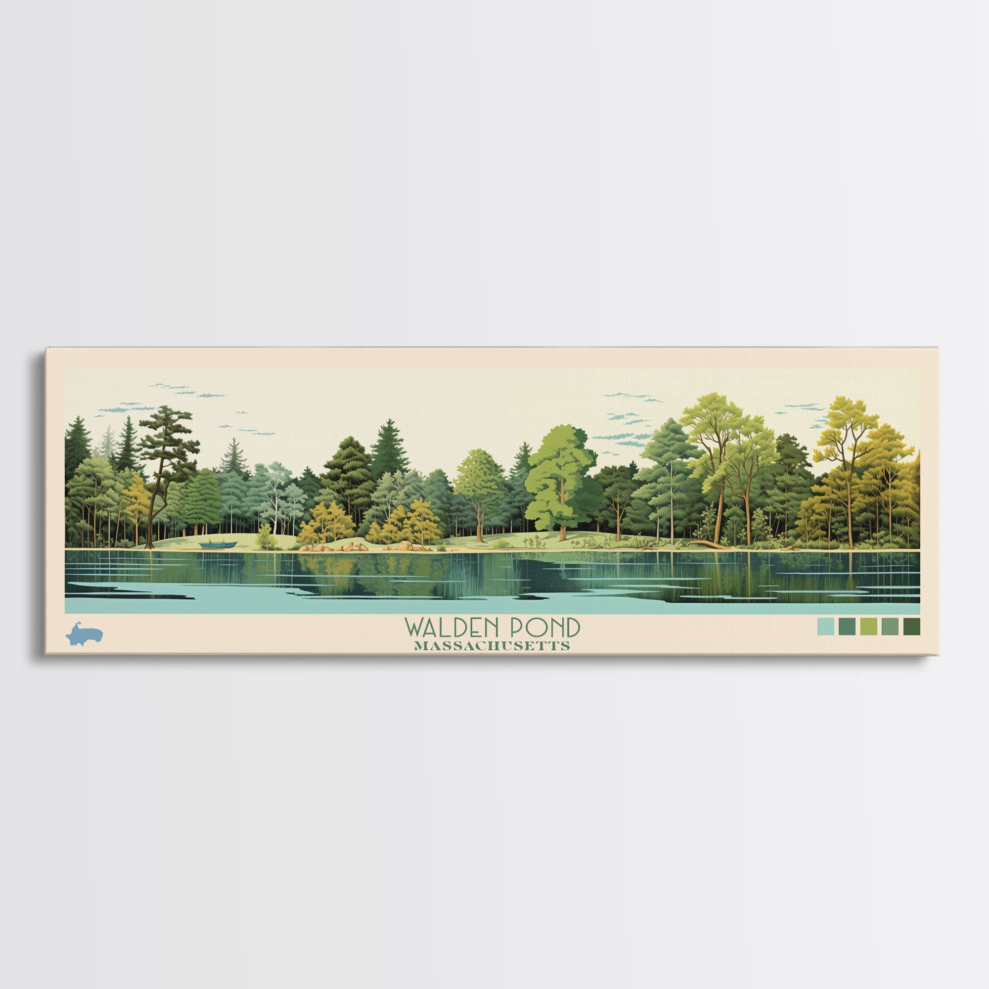 Walden Pond, Massachusetts Framed Canvas Print, Panoramic Lake House D ...